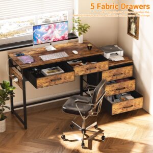 Unikito Computer Desk with 5 Drawers, Reversible Home Office Desk with Power Outlets, Sturdy Writing Desk with File Cabinet and Printer Stand, Vanity Desk with Storage for Small Space, Rustic Brown