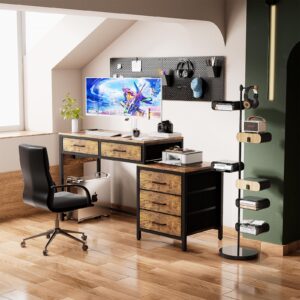 Unikito Computer Desk with 5 Drawers, Reversible Home Office Desk with Power Outlets, Sturdy Writing Desk with File Cabinet and Printer Stand, Vanity Desk with Storage for Small Space, Rustic Brown