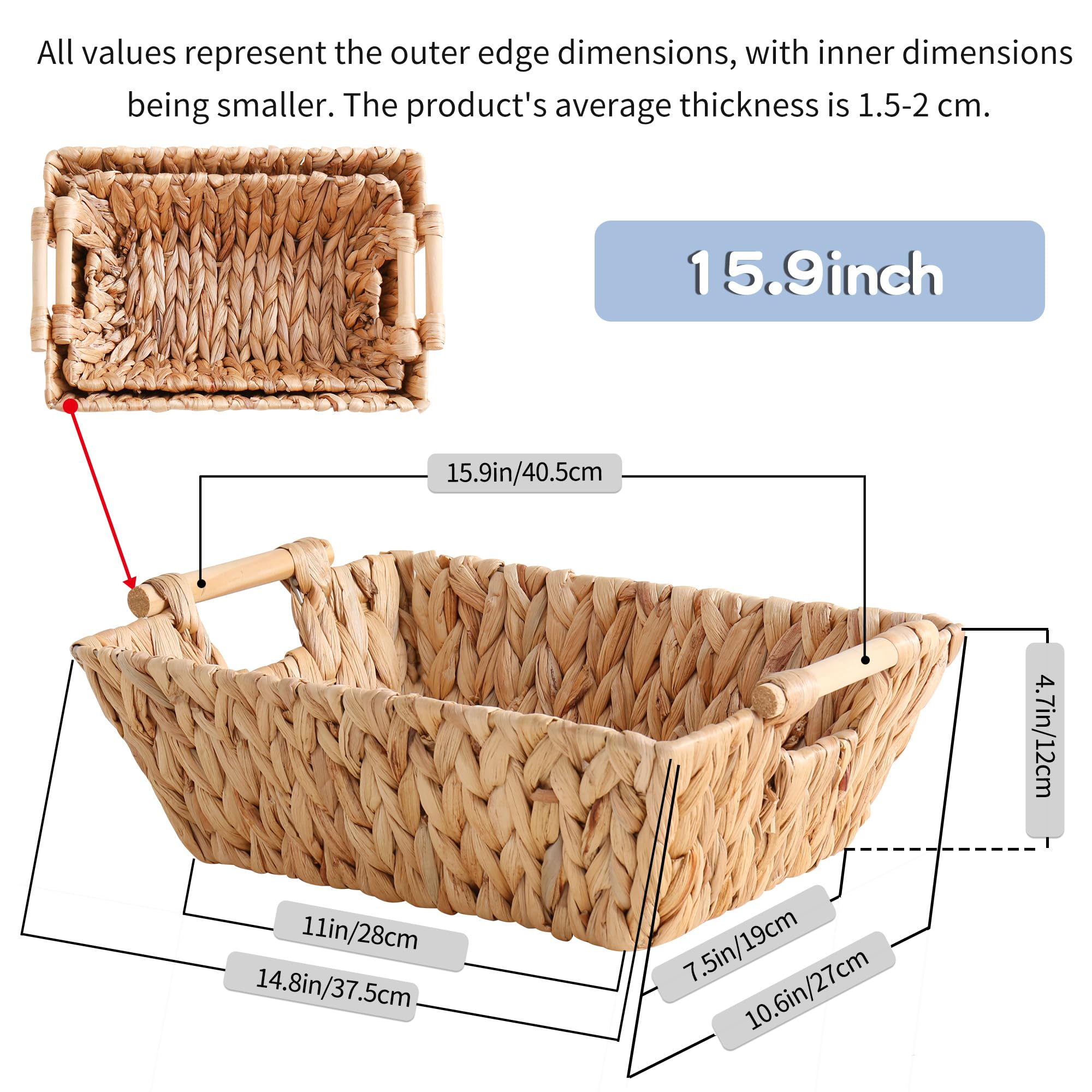 LONGERO Handcrafted Water Hyacinth Basket, Hand Woven Wicker Shelf Basket for Storage, Organizing and Decoration, Rectangular, with Straight Wooden Handles, 1 Pack (Large)