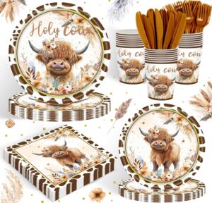 120pcs boho highland cow party supplies for boys girls holy cow highland themed baby shower birthday party decorations disposable tableware set plates napkins cups set for 20 guests