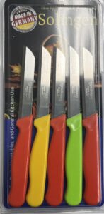 kitchen pride made in solingen germany stainless steel knife set -pack of 5 (orange, yellow, lime) -3.35" ultra sharp serrated blade -ideal for kitchen/general use, breads and precision food cutting