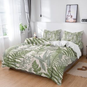 duvet cover set twin size, vintage fern herbs botanical leaf 4 pieces bedding sets,soft microfiber quilt cover flat sheet pillow shams, green wild plant leaves breathable bed sheets for all season