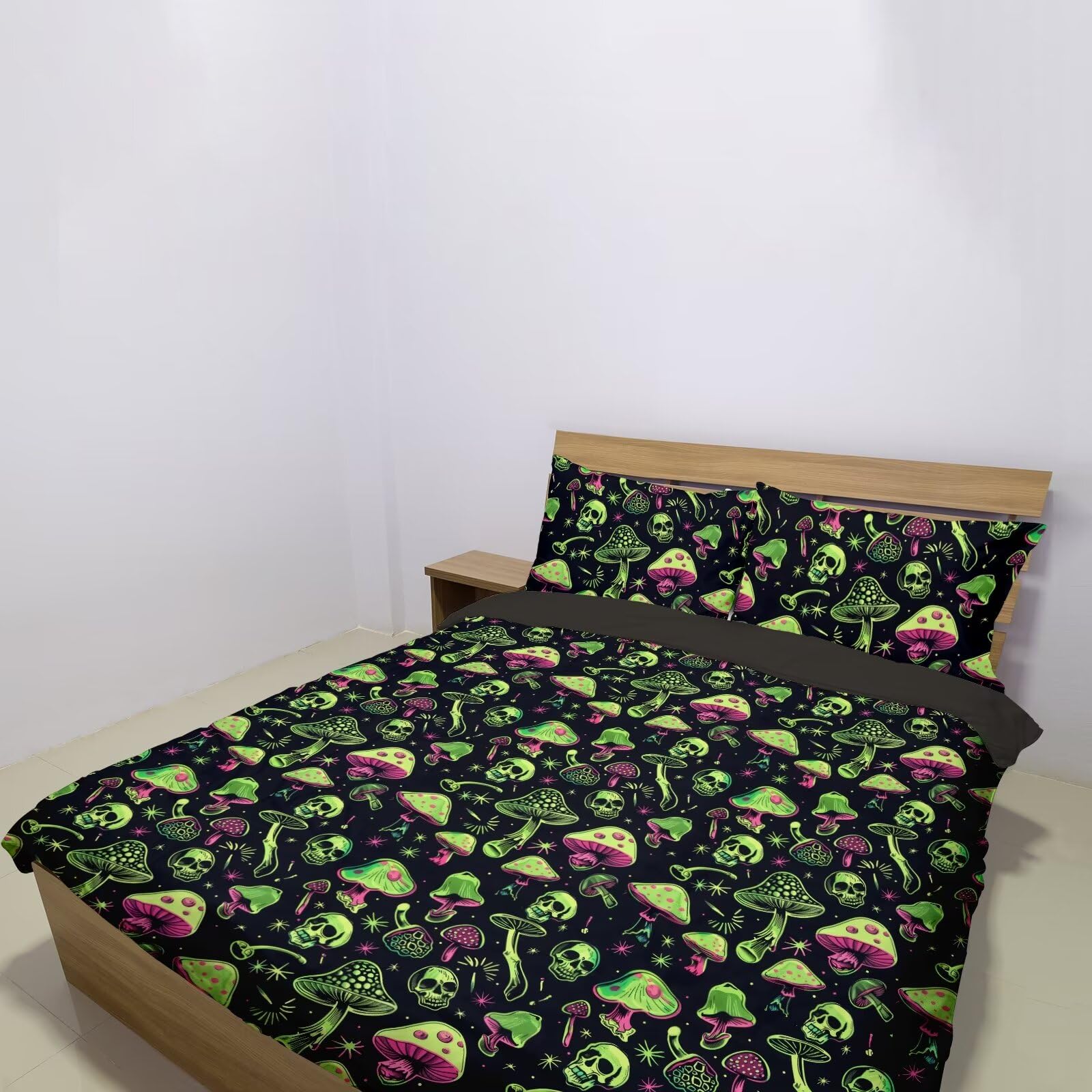 Twousenru Mushroom Duvet Cover Set Queen Size Green Trippy Mushrooms Comforter Cover with Skulls Print Home Bedding Quilt Cover 3 Pieces with 2 Pillowcases