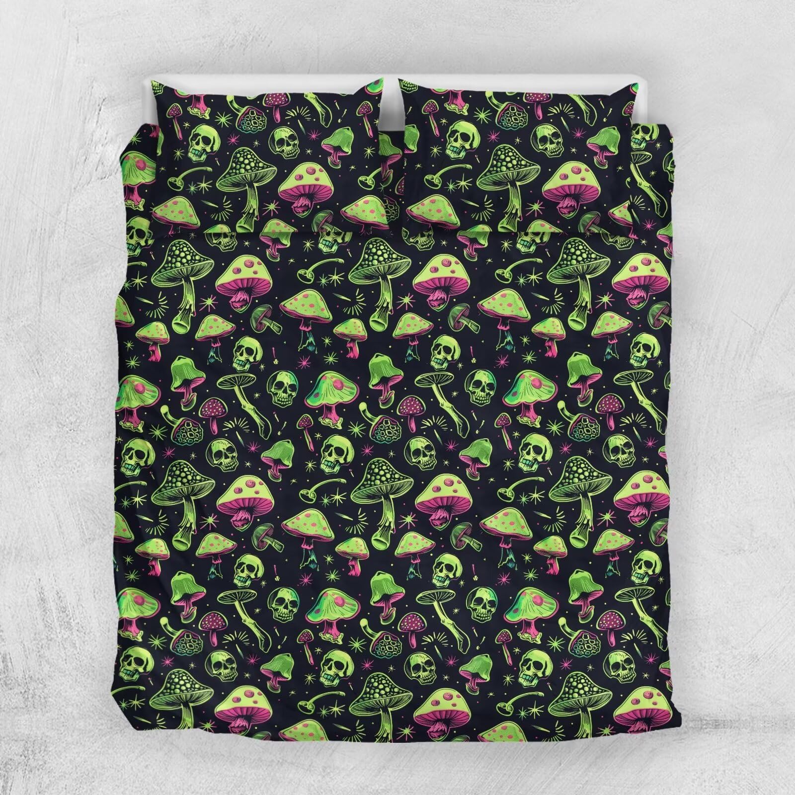 Twousenru Mushroom Duvet Cover Set Queen Size Green Trippy Mushrooms Comforter Cover with Skulls Print Home Bedding Quilt Cover 3 Pieces with 2 Pillowcases