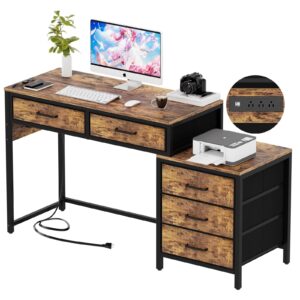 unikito computer desk with 5 drawers, reversible home office desk with power outlets, sturdy writing desk with file cabinet and printer stand, vanity desk with storage for small space, rustic brown