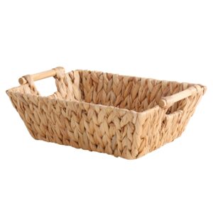 longero handcrafted water hyacinth basket, hand woven wicker shelf basket for storage, organizing and decoration, rectangular, with straight wooden handles, 1 pack (large)