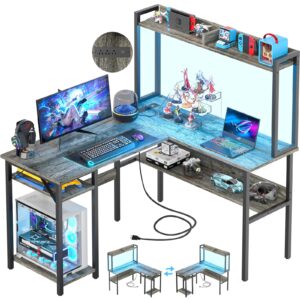 unikito l shaped gaming desk with led strip and power outlets, reversible l-shaped computer desk with storage shelves, corner desk with hutch, 2 person home office desk, black oak