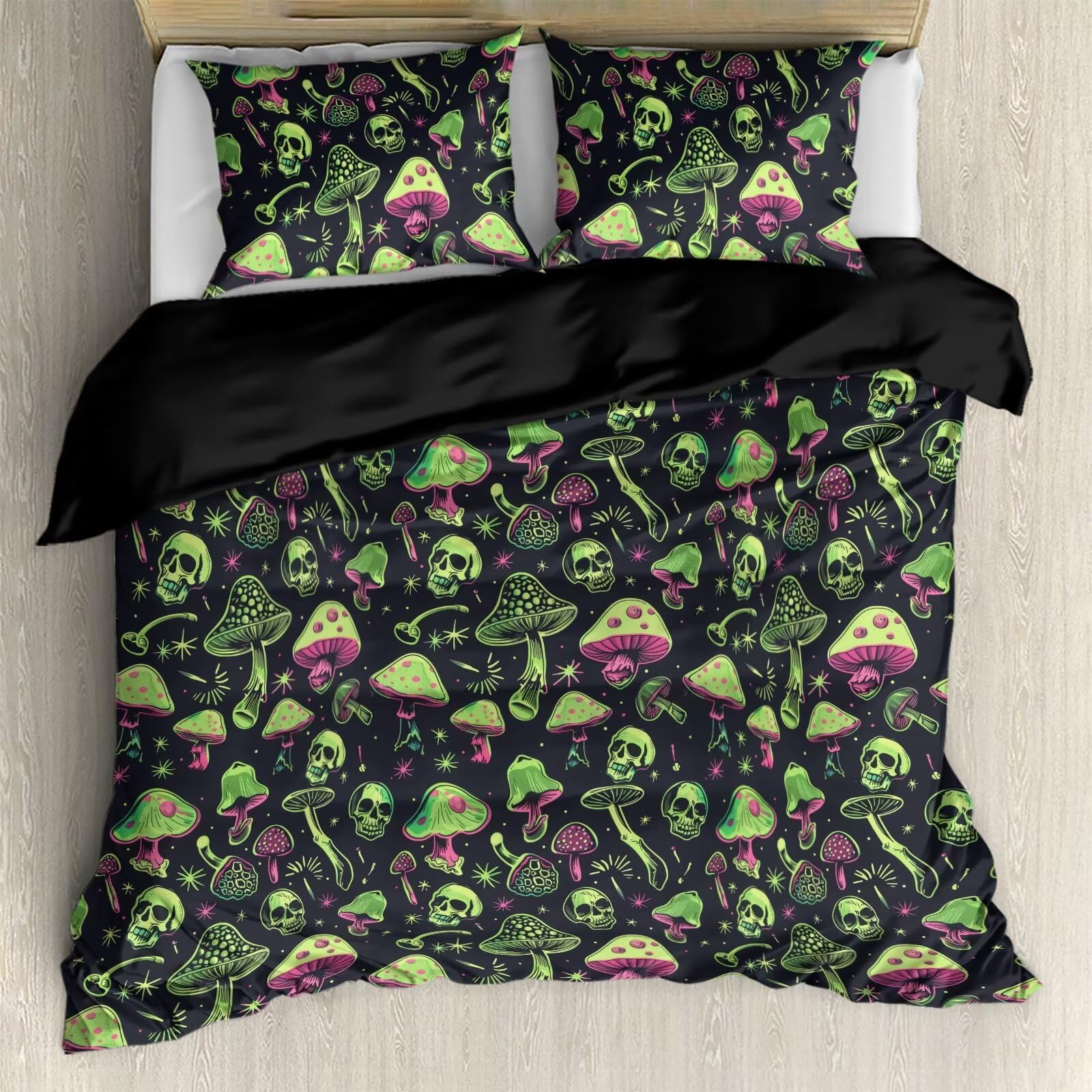 Twousenru Mushroom Duvet Cover Set Queen Size Green Trippy Mushrooms Comforter Cover with Skulls Print Home Bedding Quilt Cover 3 Pieces with 2 Pillowcases