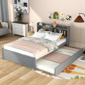 full size bed frame with trundle,captain’s bed full with bookcase headboard for kids,trundle bed with storage for kids,teens,adults(grey)