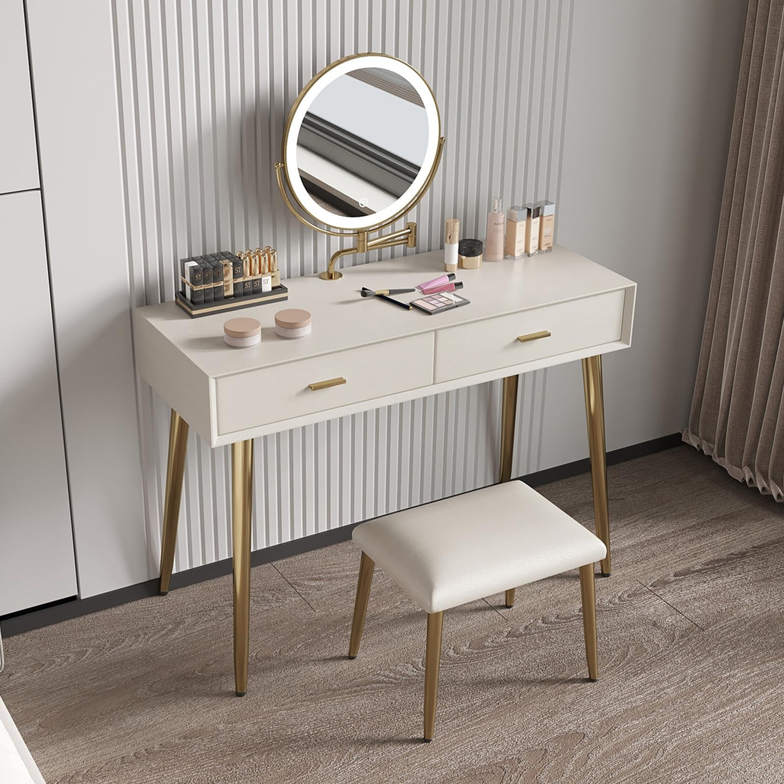 HIMAmonkey Vanity Desk Set with 360° Rotating Mirror and Lights, Small Makeup Vanity with Microfiber Leather, Vanity Table with 2 Drawers, Stool, 3 Lighting Modes - 31.5in Beige