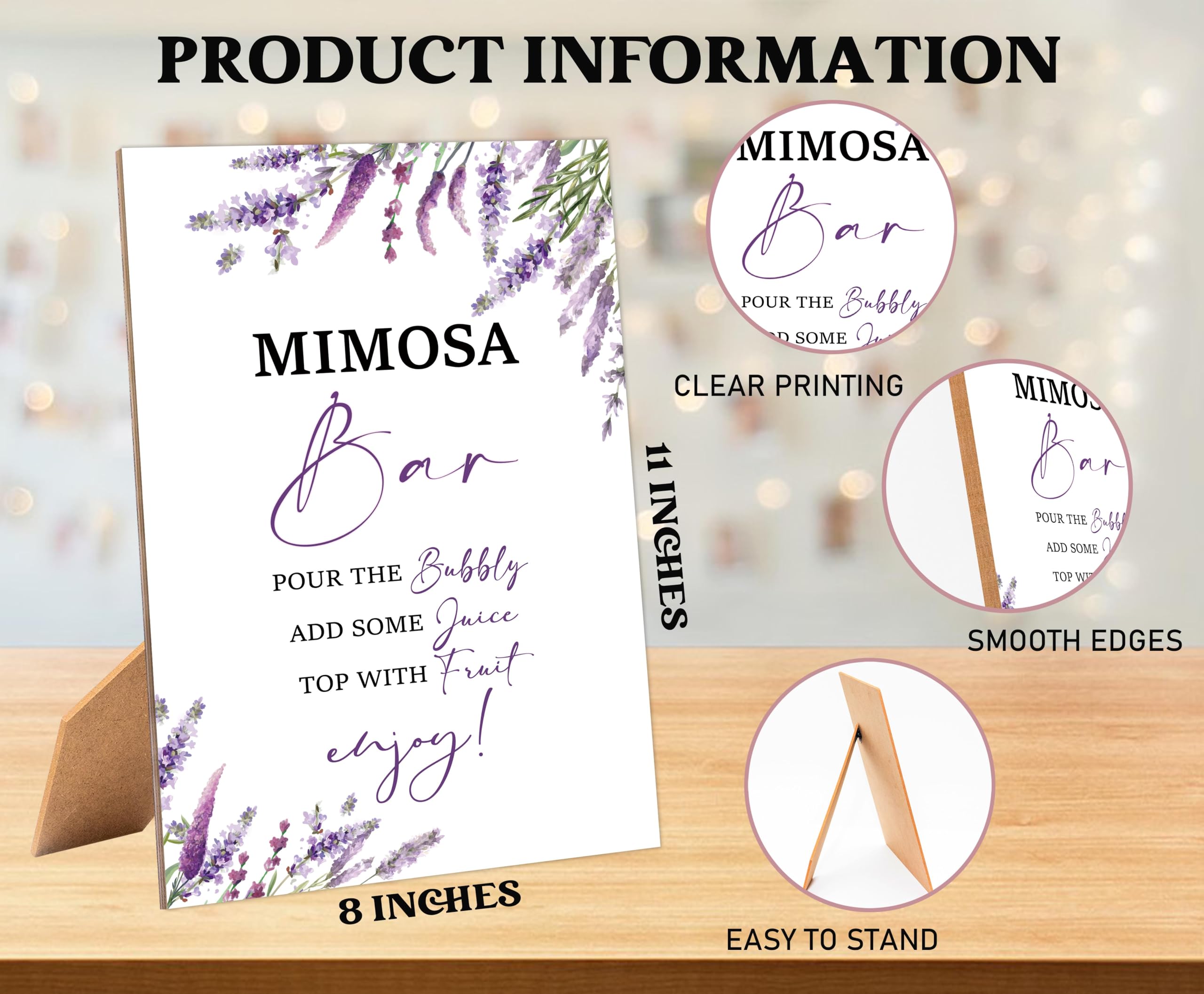 Lavender Purple Bridal Shower Mimosa Bar Sign, Table Decor Bridal Shower Sign, Pack of 1 Wooden Tabletop Sign with Stand, Bridal Shower Decorations, Wedding Shower Supplies - XG06