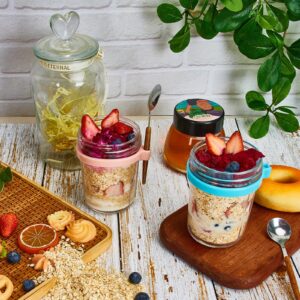 Cobeda Overnight Oats Containers with Lids and Spoons and Clear Tote Bag, 4 Pack Glass Mason Jars for Overnight Oats Jars, 16 oz Wide Mouth Mason Jars for Overnight Oats and Milk, Cereal, Fruit