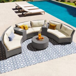 glifron patio furniture sets for 6 person, fan-shaped half-moon curved outdoor rattan sofa with cushions and round table for porch lawn garden backyard poolside, gray+beige, 1