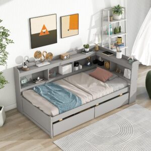 dnchuan twin size l-shaped corner daybed with bookcase headboard,captains bed with underneath storage drawers for kids adults,no box spring needed,grey