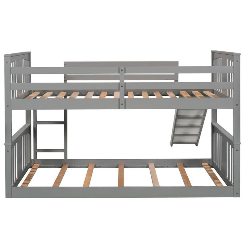 TURRIDU Bunk Bed Twin Over Twin with Slide, Low Solid Wood Twin Bunk Bed Frame with Safety Guardrails and Ladder for Boys Girls Adults, No Box Spring Needed, Gray