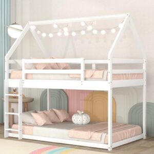 bellemave twin over twin house bunk bed for kids,floor bunk beds with ladder and guardrails,solid wood twin size low bunk bed for girls boys,white