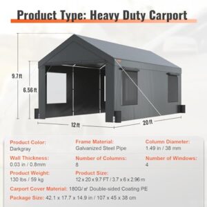 VEVOR Carport 12'x20' Heavy Duty Portable Garage, Upgraded Extra Large Car Canopy with Roll-up Ventilated Windows, Removable Sidewalls, Waterproof UV Resistant All-Season Tarp for Pickup Truck & Boat