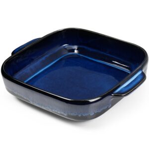 ceramic baking dish - 8x8 deep square baking pan, lasagna pan with double handles, non-stick casserole pan for oven, brownie, lasagna, roasting - home gift (reactive glaze blue)