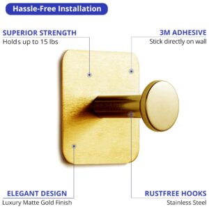 Heavy Duty Adhesive Metal Hooks for Hanging Hats, Garage Tools, Shower Accessories - Set of 6 Storage Hangers for Closet Entryway Organization, Wall Mount Peg Coat Rack, Bathroom Towel Holder (Gold)