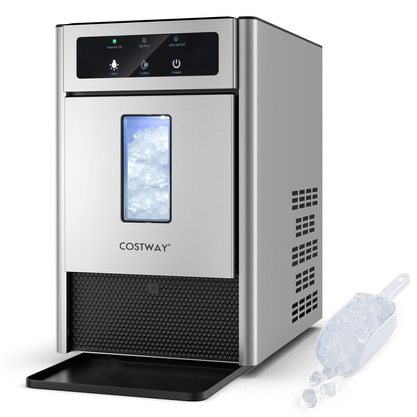 COSTWAY Nugget Ice Maker Countertop, 40 Lbs/24H Soft Ice, Pebble Ice Maker with Self-Cleaning Function, LED Light, Manual and Auto Water Refill, Stainless Steel Ice Maker for Home Bar Party Office