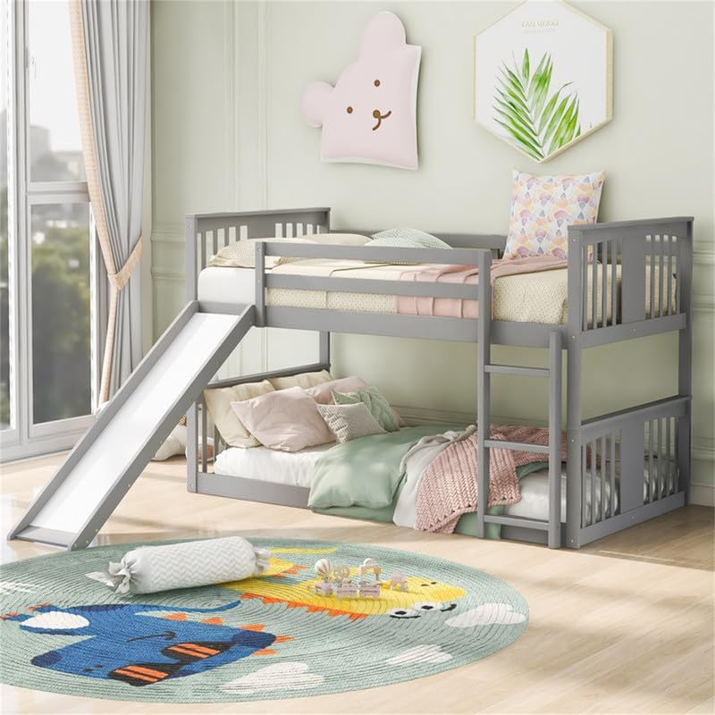 TURRIDU Bunk Bed Twin Over Twin with Slide, Low Solid Wood Twin Bunk Bed Frame with Safety Guardrails and Ladder for Boys Girls Adults, No Box Spring Needed, Gray