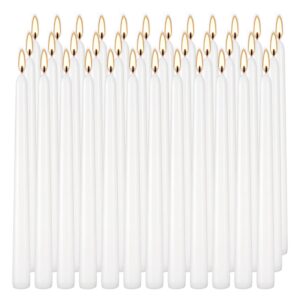 36 pack 10 inch white taper candles, 7-7.5 hour burn time,unscented dripless and smokeless, elegant premium quality dinner candle for home décor, restaurant, wedding, party candlesticks