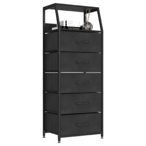 ogemxu 5 drawers dresser for bedroom, nightstand with drawers, tall dresser with fabric drawers, 2-tier wood top storage and organization, chest of drawer for small space, bedroom, apartment, black