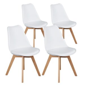 olixis set of 4 dining kitchen mid-century modern chairs with wood legs and pu leather cushion for living room bedroom outdoor lounge, white