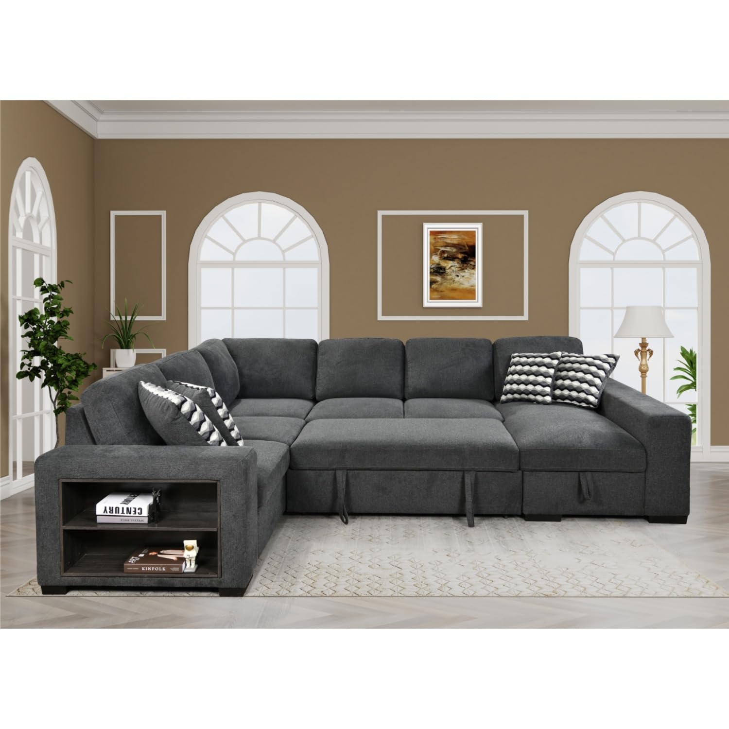 THSUPER Oversized Sectional Sleeper Sofa with Pull Out Bed, Chaise Lounge and Side Storage, U Shaped Comfy Sectional Sofa Couches Set for Living Room - 6 Seater, Dark Grey Fabric