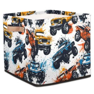 tablerazzi monster truck car cube storage bin, 13 inch collapsible fabric storage cube bin, foldable cube baskets for shelf, closet, organizer