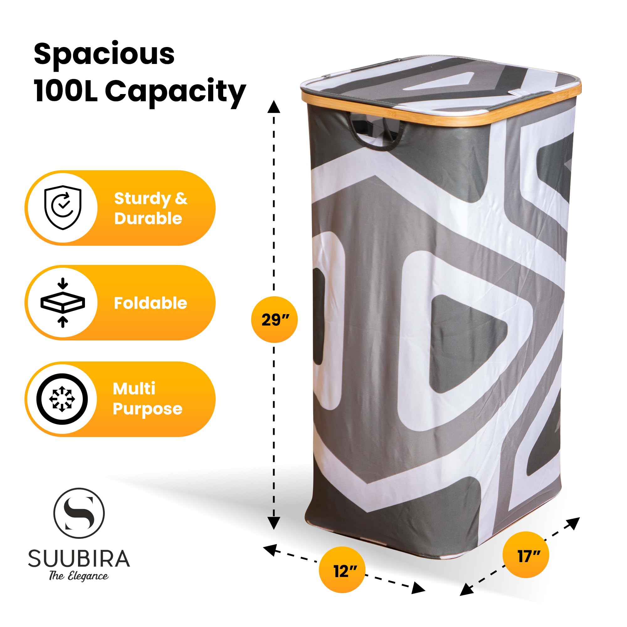 SUUBIRA Laundry Hamper with Lid – Dirty Clothes Hamper with Bamboo Handle – 100L Modern Hampers for Laundry – Collapsible Laundry Basket with Lid and Removable Mesh Bag