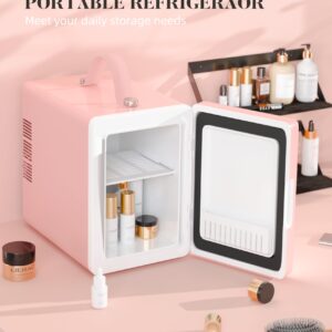 BOGDA 4L Mini Skincare Fridge with Dimmable LED Light Mirror, Cooler and Warmer Temperature Control Digital Display, Portable Cosmetic Refrigerator for Makeup, Skin Care, Bedroom Office Car, Pink