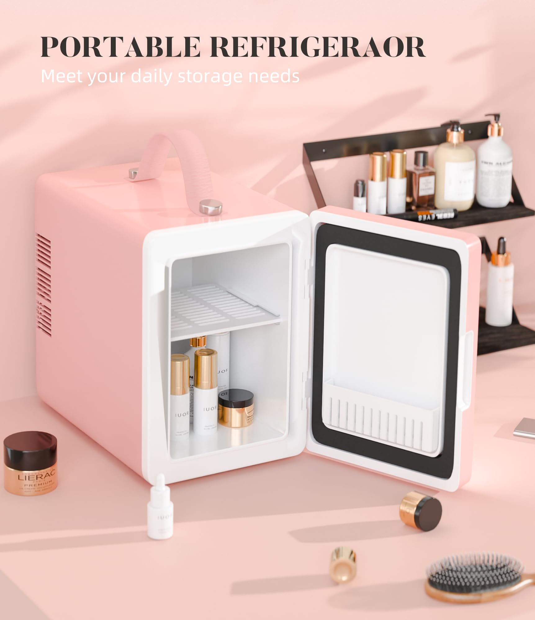 BOGDA 4L Mini Skincare Fridge with Dimmable LED Light Mirror, Cooler and Warmer Temperature Control Digital Display, Portable Cosmetic Refrigerator for Makeup, Skin Care, Bedroom Office Car, Pink