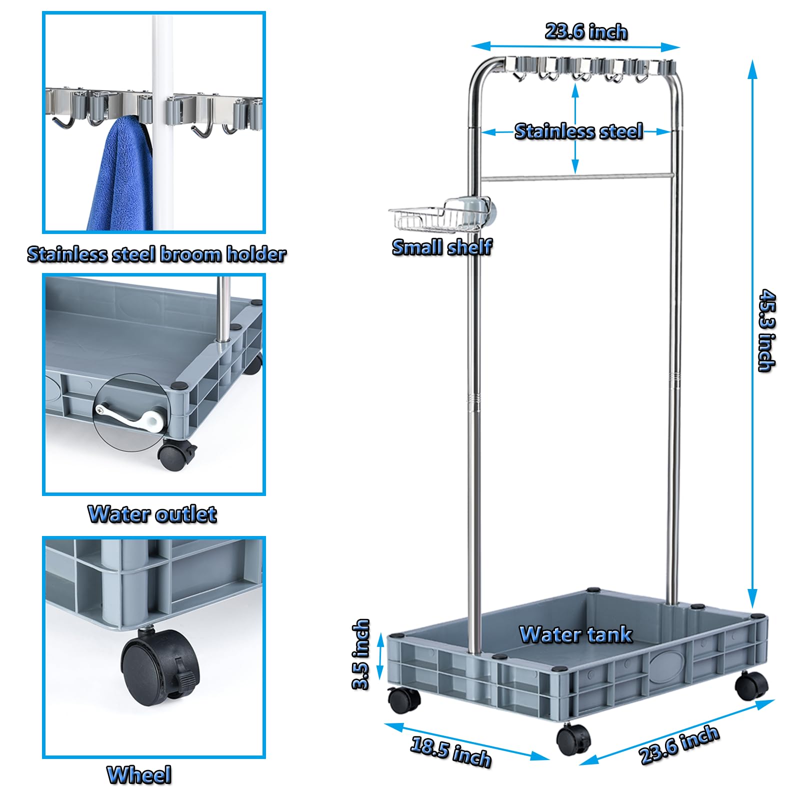 Broom Holder Organizer Movable Closet Storage Cabinet Mop Rack Floor Standing Cleaning Tool Cart For Garden Garage Schools Hotels Hospitals Factories Property Companies Restaurant (with Tank)