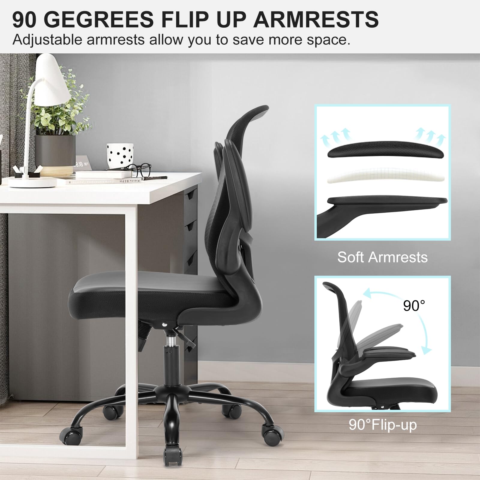 HOMIFYCO Office Chair, Ergonomic Desk Chair with Flip-up Armrests, PU Leather Computer Chair Home Office Desk Chairs with Lumbar Support, Mesh Swivel Executive Chair Rolling Task Chair, Black