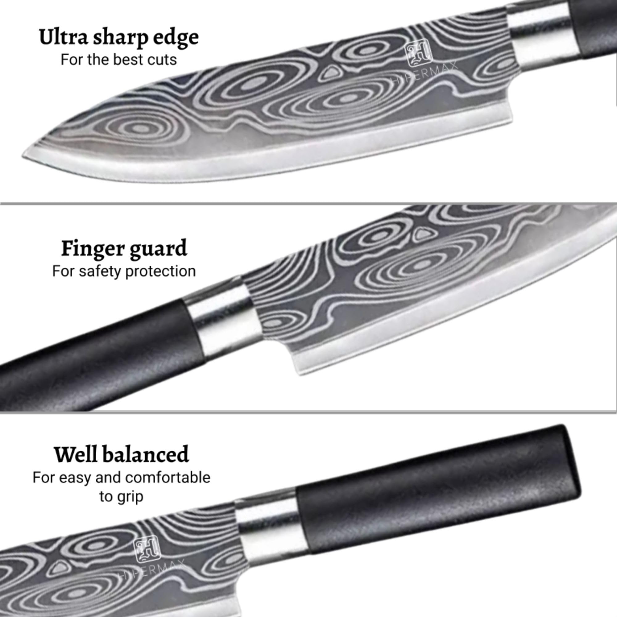 HIPERMAX kitchen knife professional multi-purpose 7 inch Damascus model, sharpened stainless steel with black ergonomic plastic handle for cutting food, deluxe gift box