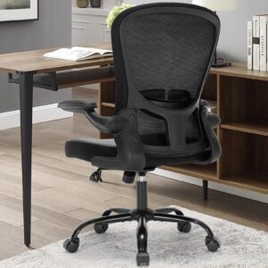 HOMIFYCO Office Chair, Ergonomic Desk Chair with Flip-up Armrests, PU Leather Computer Chair Home Office Desk Chairs with Lumbar Support, Mesh Swivel Executive Chair Rolling Task Chair, Black