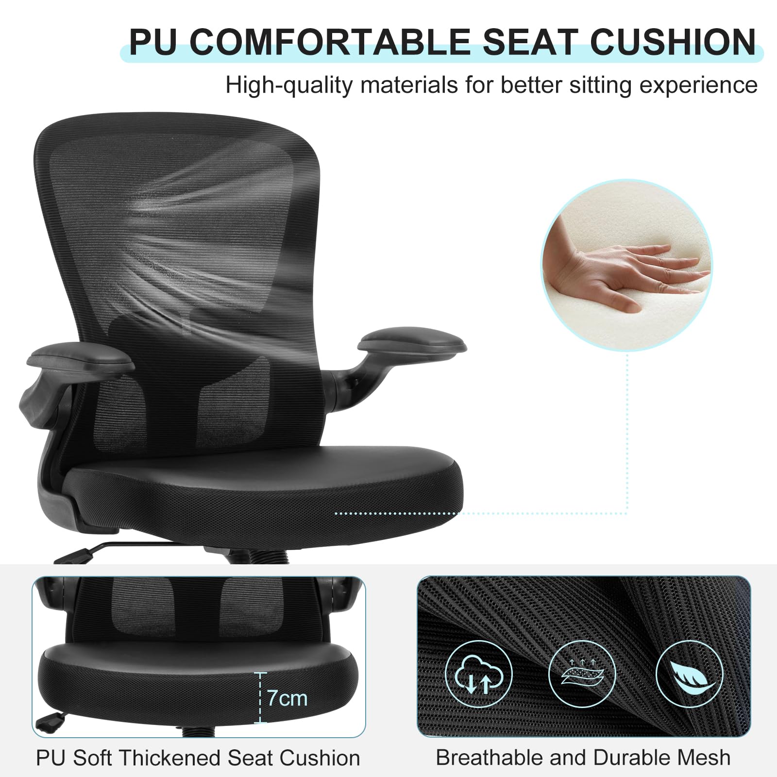 HOMIFYCO Office Chair, Ergonomic Desk Chair with Flip-up Armrests, PU Leather Computer Chair Home Office Desk Chairs with Lumbar Support, Mesh Swivel Executive Chair Rolling Task Chair, Black