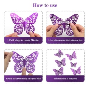 Rumhut Butterfly Decorations Dragonfly Wall Stickers, 48 Pcs Metal Wall Art for Bedroom Living Room (Purple)