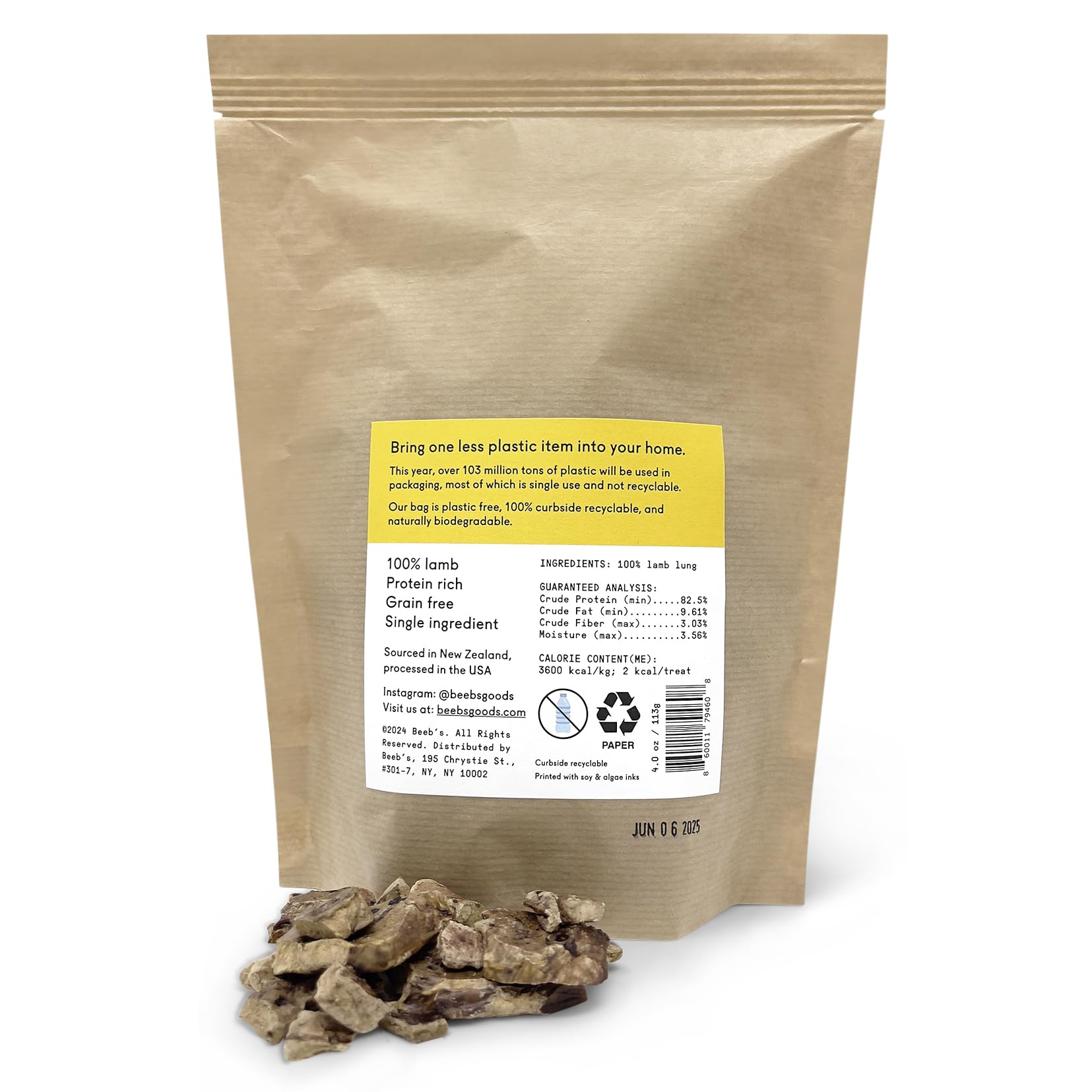 Beeb’s Lamb Lung Dog and Puppy Training Treats • 100% All Natural, Grass-Fed Lamb, Protein Rich, Single Ingredient in Plastic Free Packaging • 4 oz