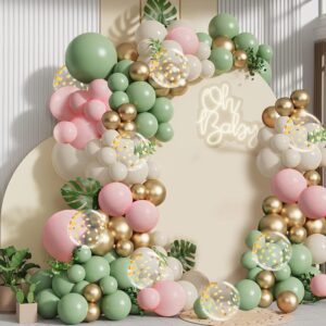 sage green pink balloon arch kit, olive green light pink sand white blush metallic gold balloons with gold confetti balloons for girl birthday woodland baby shower jungle safari decorations…