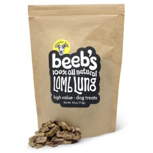 beeb’s lamb lung dog and puppy training treats • 100% all natural, grass-fed lamb, protein rich, single ingredient in plastic free packaging • 4 oz