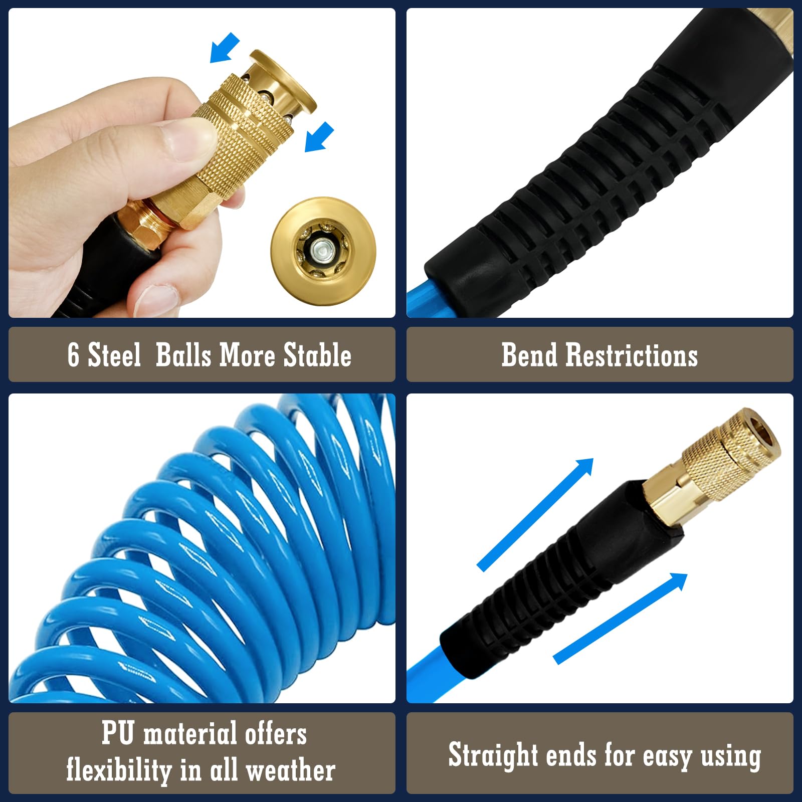 WHISPERING WONDER Polyurethane Recoil Air Hose,1/4 in x 25 ft Air Compressor Hose with Bend Restrictor, Air Hoses with 1/4 Solid Pure Copper Quick Connect Fittings and I/M Plug Kit, Blue