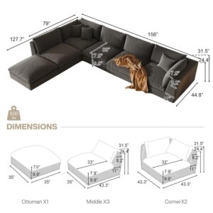 KCHUSAL Cloud Couch Sectional,156'' Oversized Corduroy Sectional Sofa Couch, Cloud Modular Couch with Ottoman, Deep Seat Couches for Modern Living Room/Office (Velvet, 6 Seater+Dark Grey)