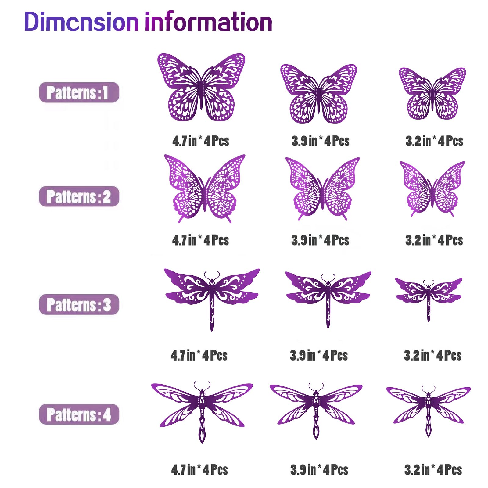 Rumhut Butterfly Decorations Dragonfly Wall Stickers, 48 Pcs Metal Wall Art for Bedroom Living Room (Purple)