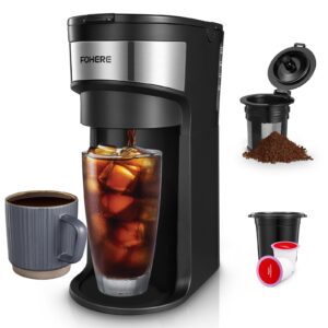 fohere coffee maker, single serve iced and hot coffee brewer for k pod & ground coffee, with 90s fast brewing, 6 to 14 oz brew sizes, 1000w compact coffee machine with water window and descaling mode