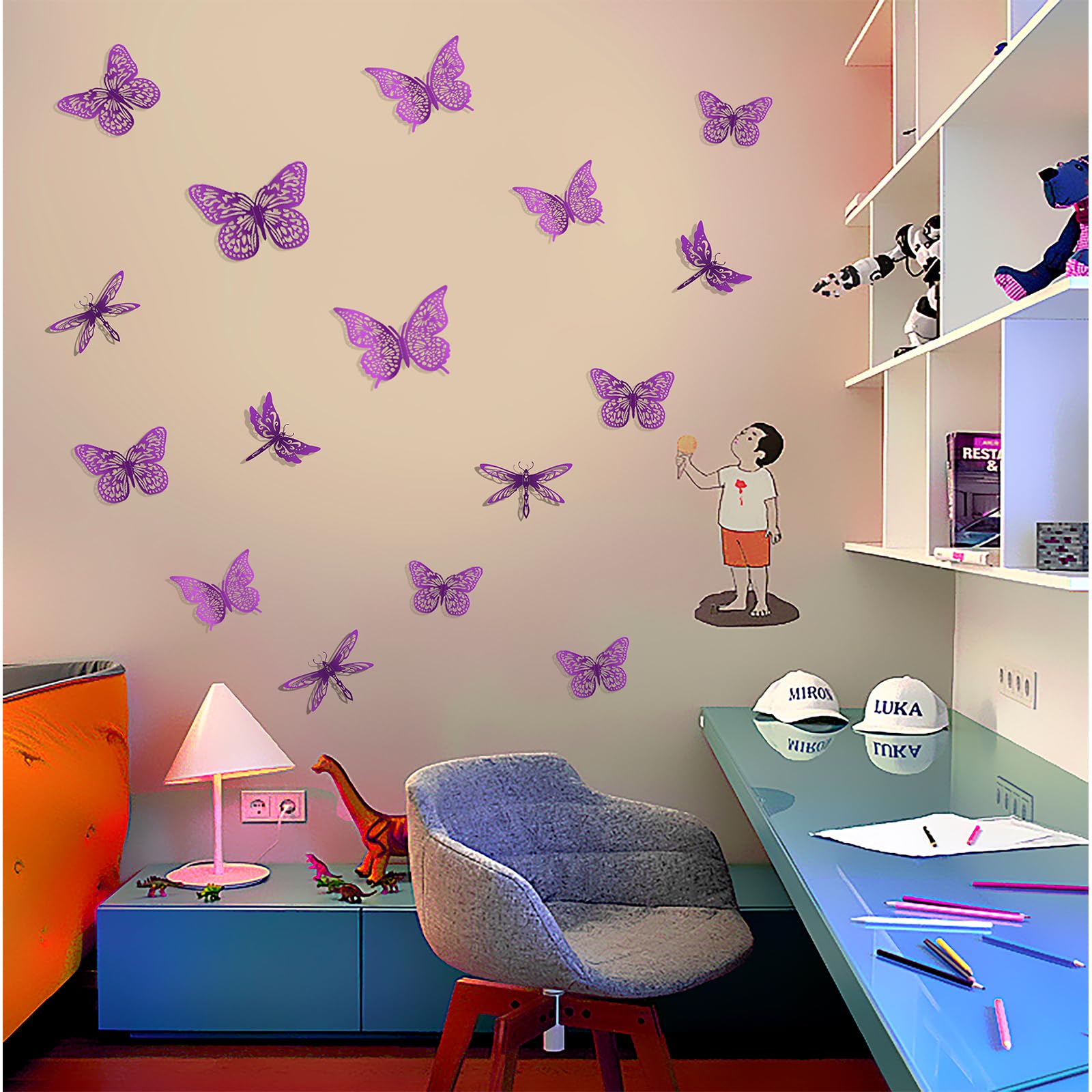 Rumhut Butterfly Decorations Dragonfly Wall Stickers, 48 Pcs Metal Wall Art for Bedroom Living Room (Purple)