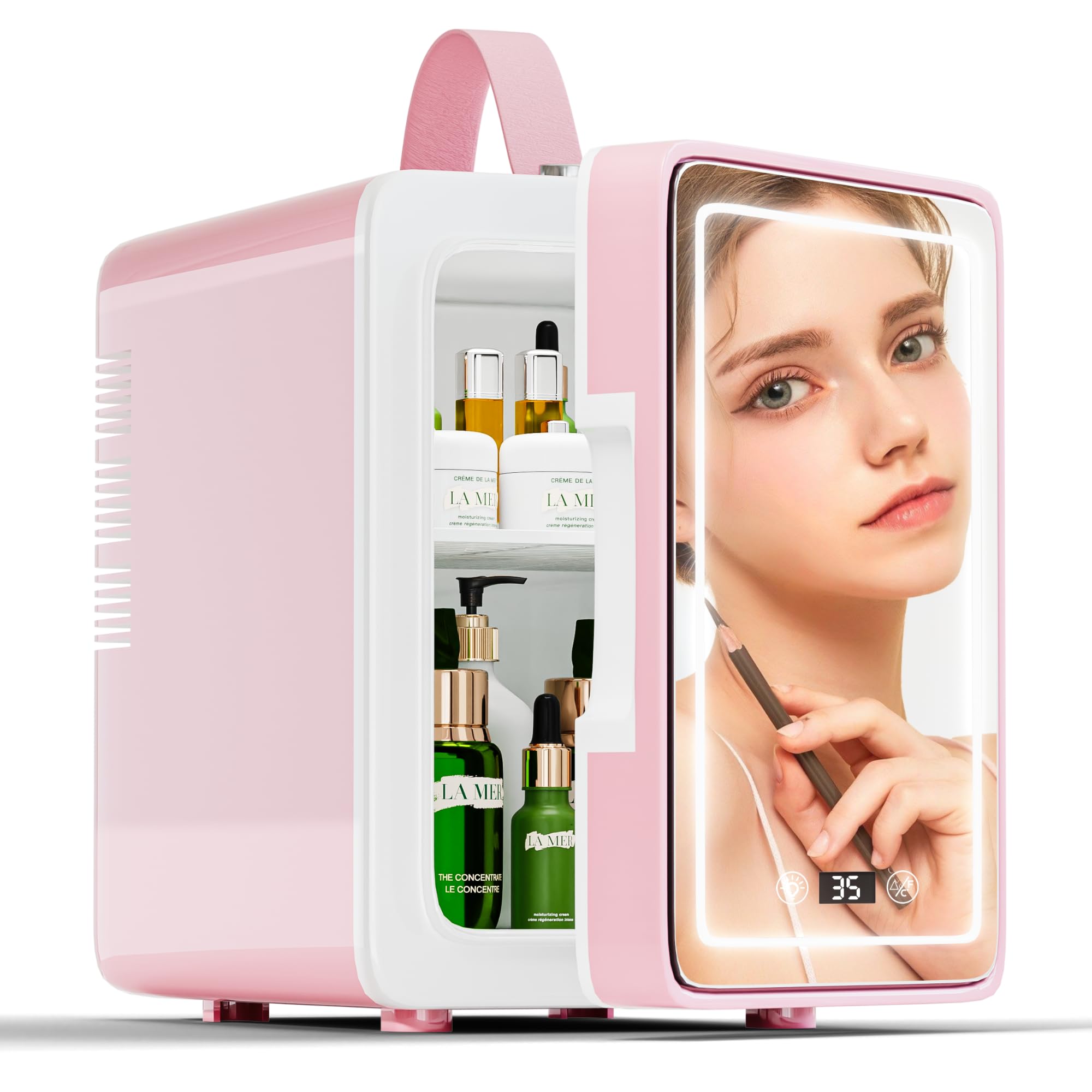 BOGDA 4L Mini Skincare Fridge with Dimmable LED Light Mirror, Cooler and Warmer Temperature Control Digital Display, Portable Cosmetic Refrigerator for Makeup, Skin Care, Bedroom Office Car, Pink