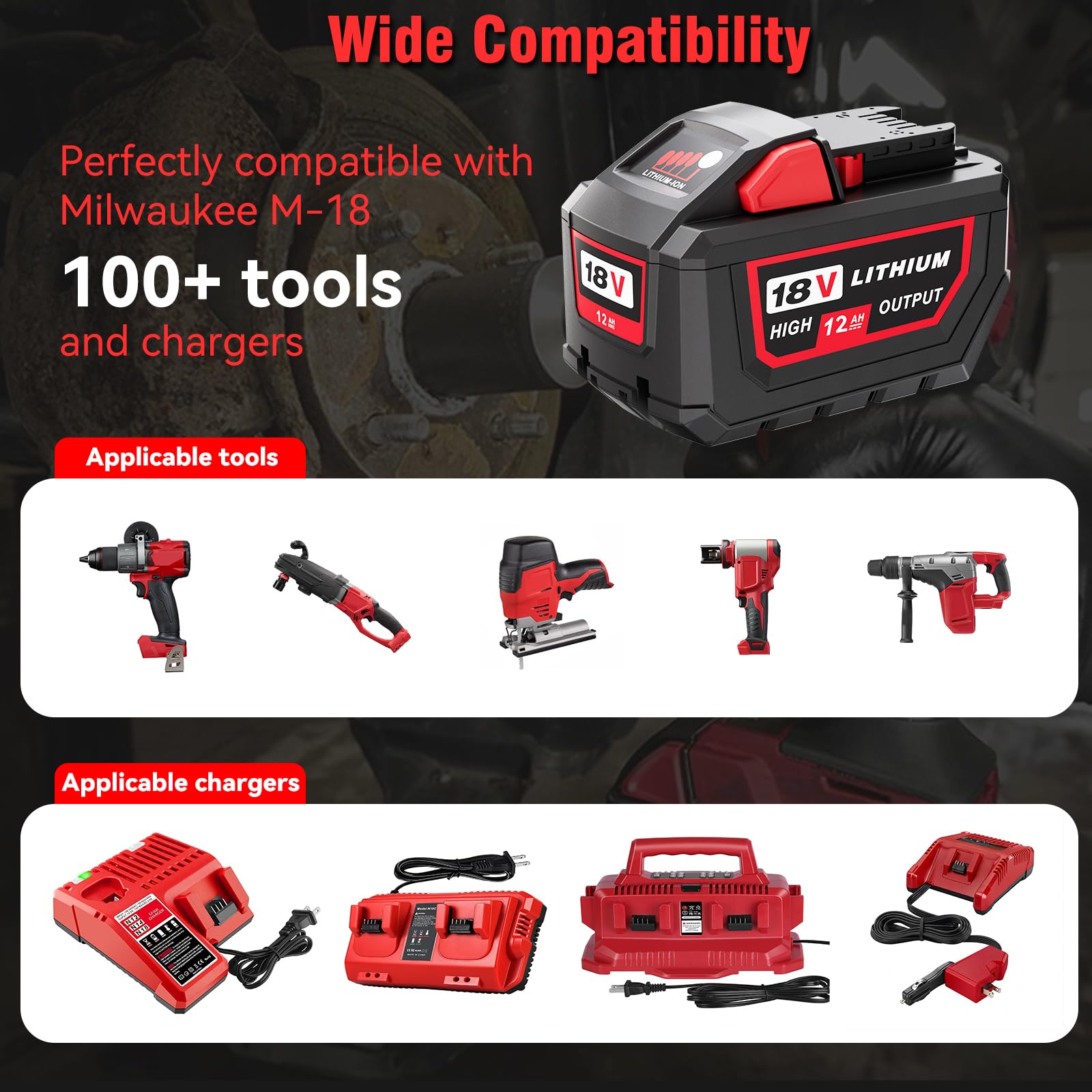 12000mAh Replacement for Milwaukee M18 Battery Replacement for 18V 12.0 Ah Lithium-Ion High Output Battery 48-11-1865 48-11-1862,48-11-1820,Compatible with 18 Volt Power Tools and Chargers 2Pack