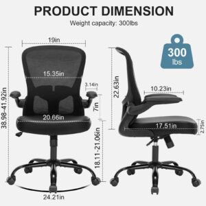 HOMIFYCO Office Chair, Ergonomic Desk Chair with Flip-up Armrests, PU Leather Computer Chair Home Office Desk Chairs with Lumbar Support, Mesh Swivel Executive Chair Rolling Task Chair, Black